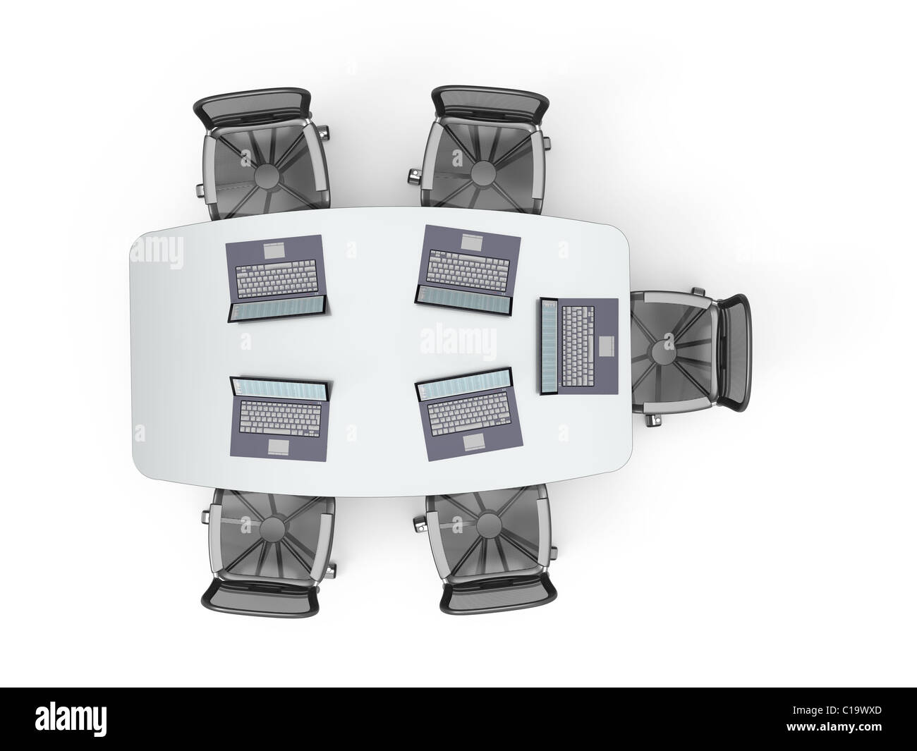 Conference table with opened laptops top view on white background Stock ...