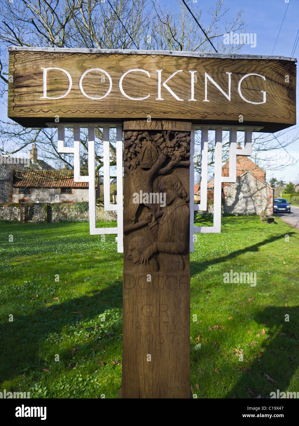 Village sign for Docking in Norfolk Stock Photo - Alamy
