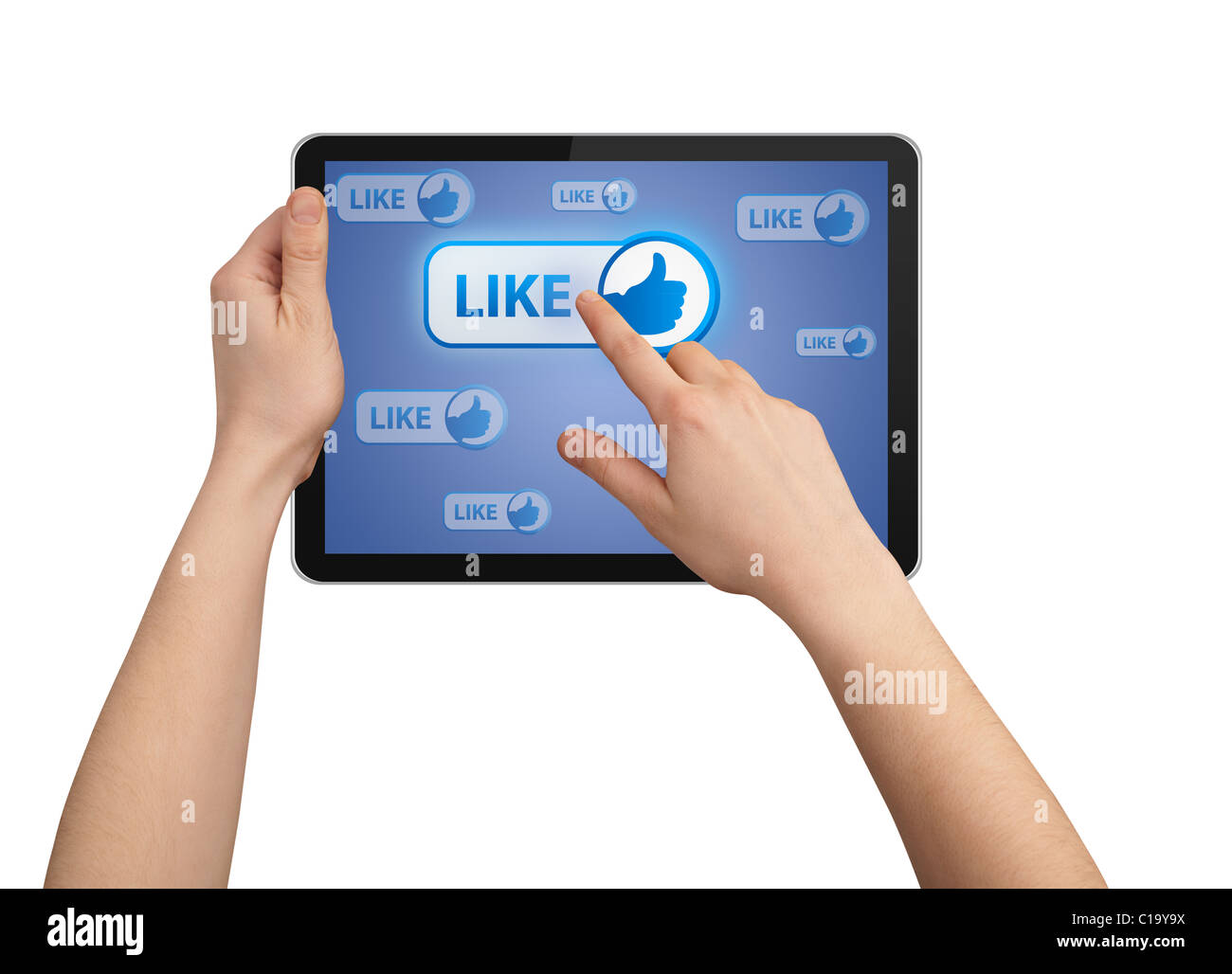 hand pressing LIKE button in tablet pc, isolated on white Stock Photo ...