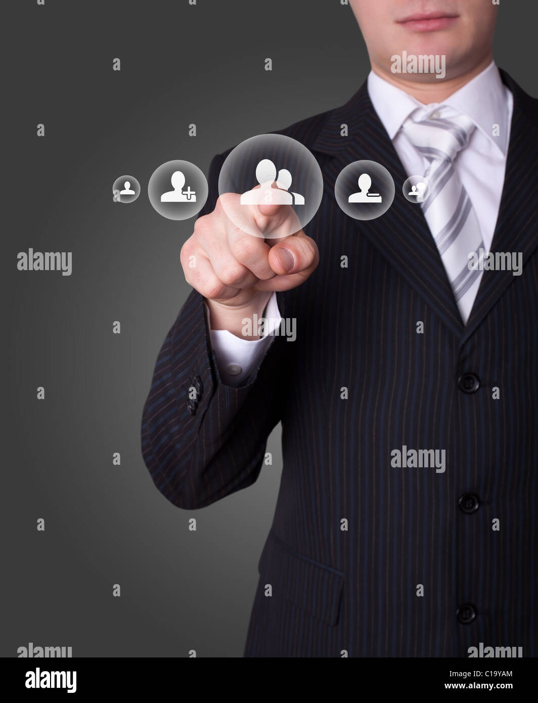 Man hand pressing social network button Stock Photo - Alamy