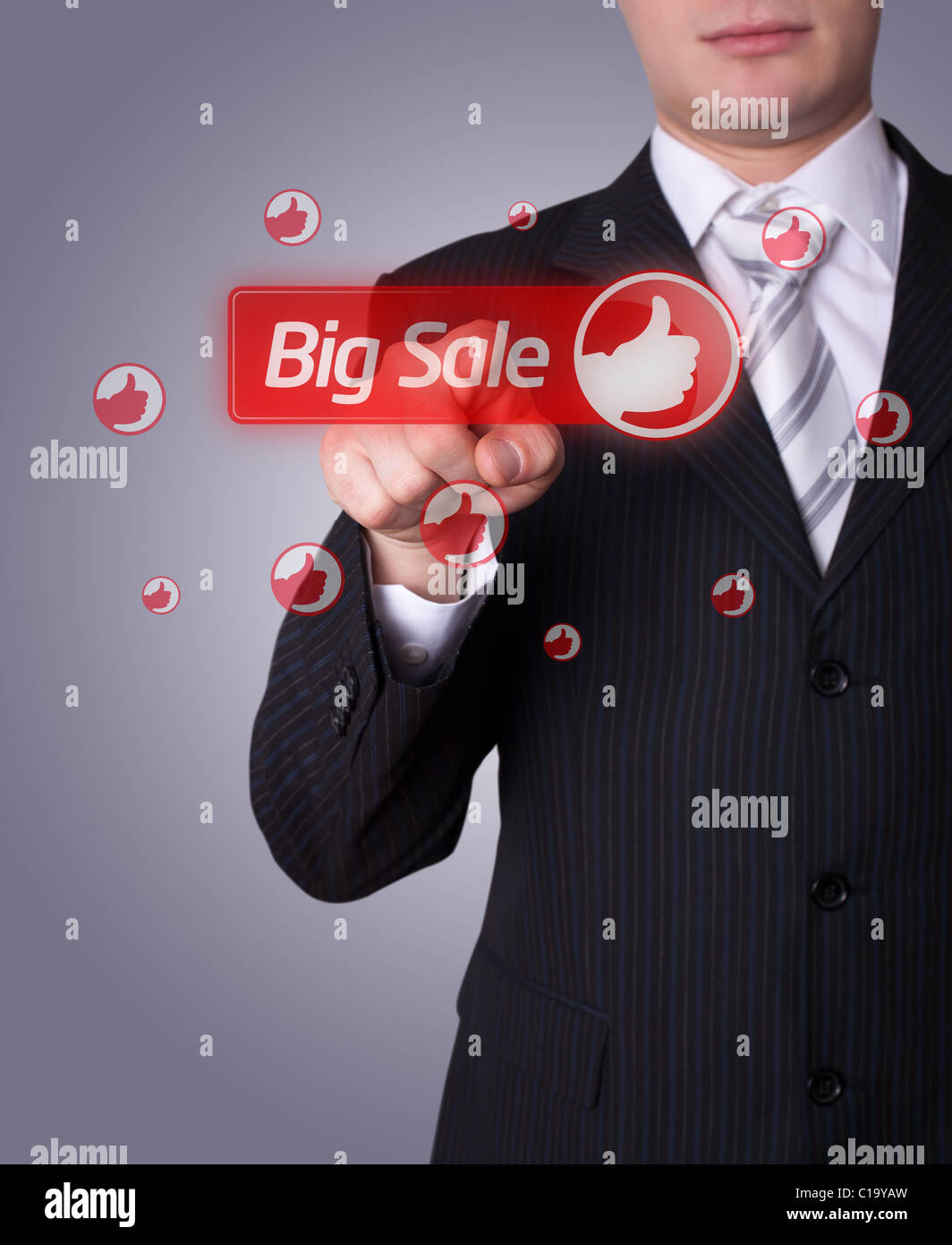 Man hand pressing BIG SALE button Stock Photo - Alamy
