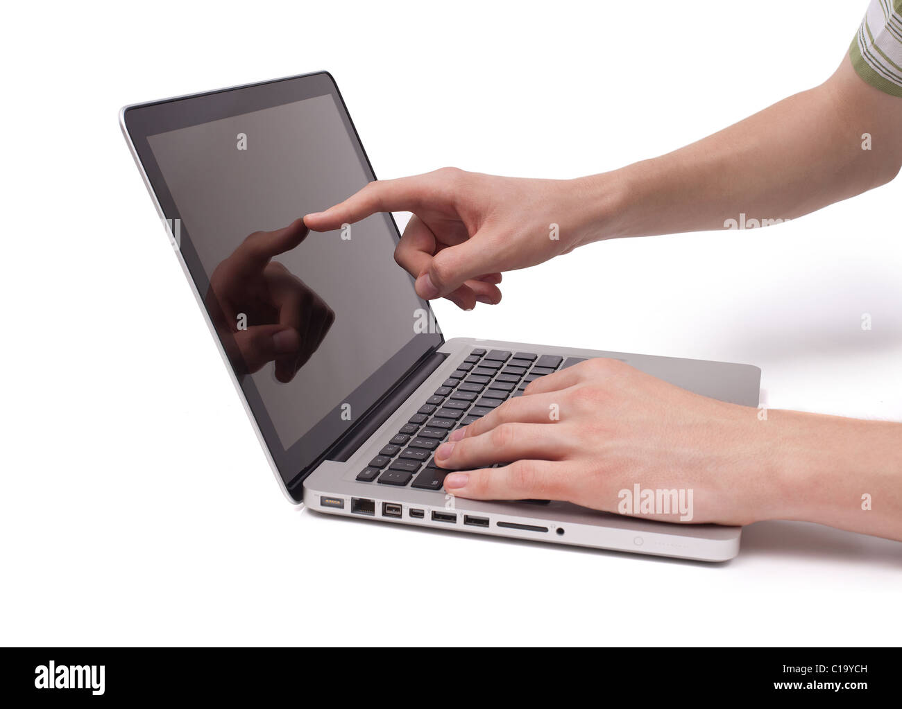hand pointing to a laptop screen over white background Stock Photo - Alamy