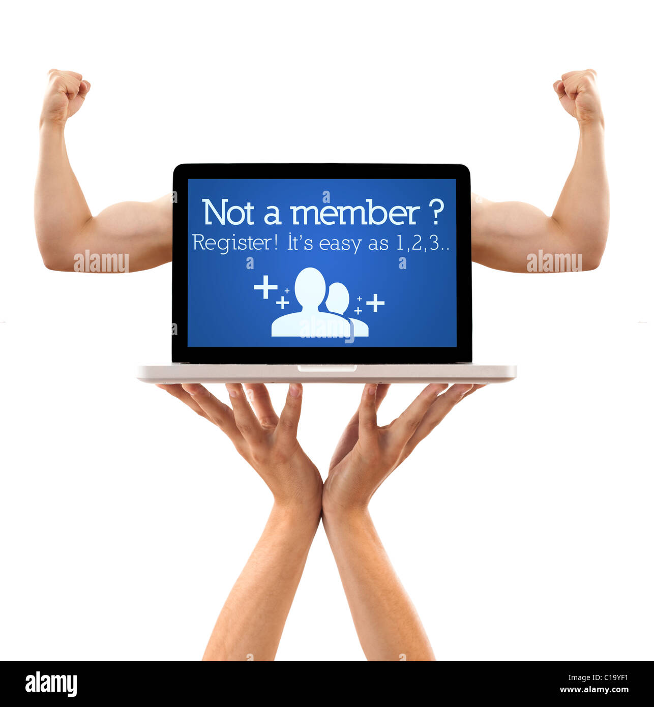 Hand holding laptop with register sign, isolated on white Stock Photo ...