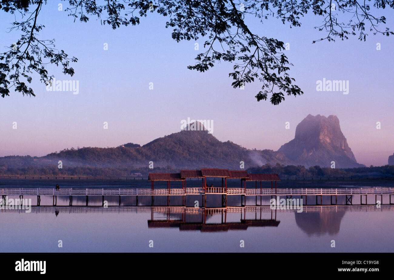 A serene lake in Hpa An with Mount Zwekabin in the background, Kayin ...