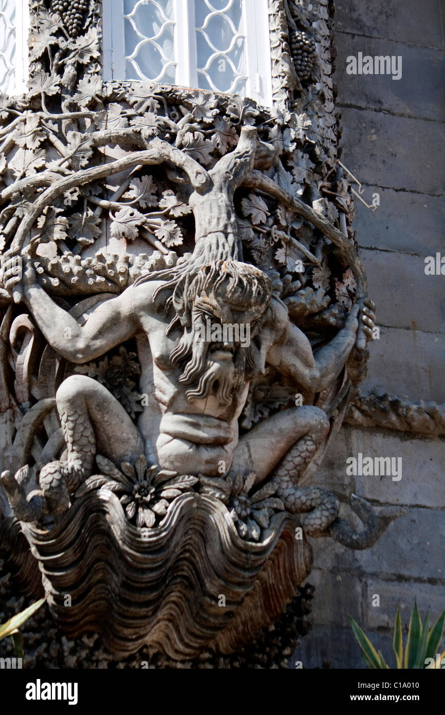 Closeup view of the gargoyle creature in the Pena Palace on Lisbon ...