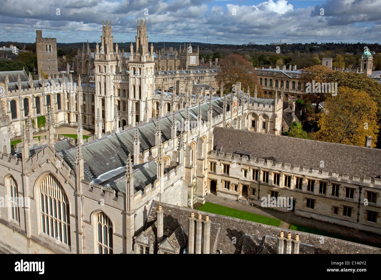 Aerial view over the All Souls College in Oxford, Oxfordshire, England ...
