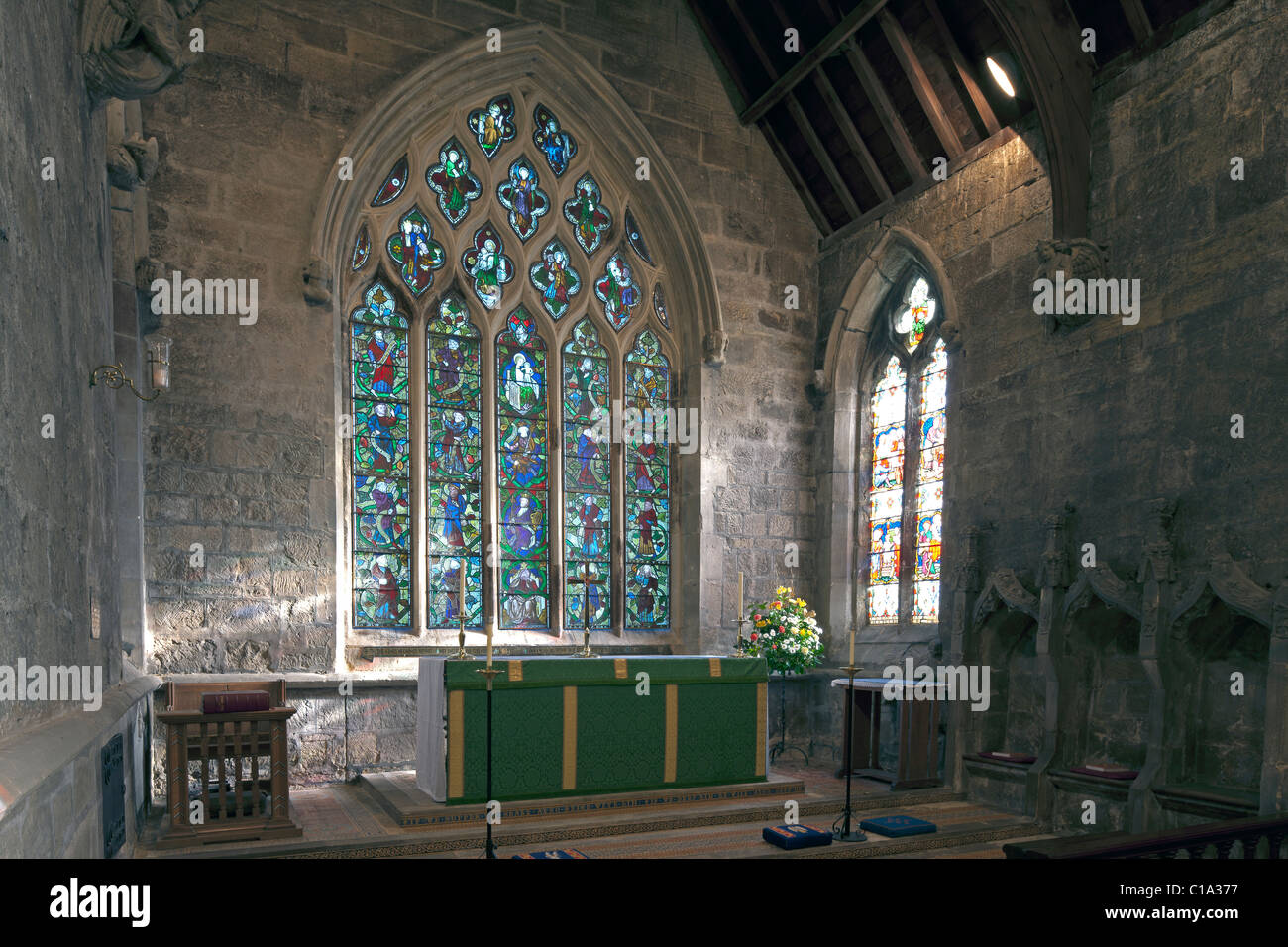 The altar and Jesse window (stained glass) at St Mary's Church, Morpeth ...