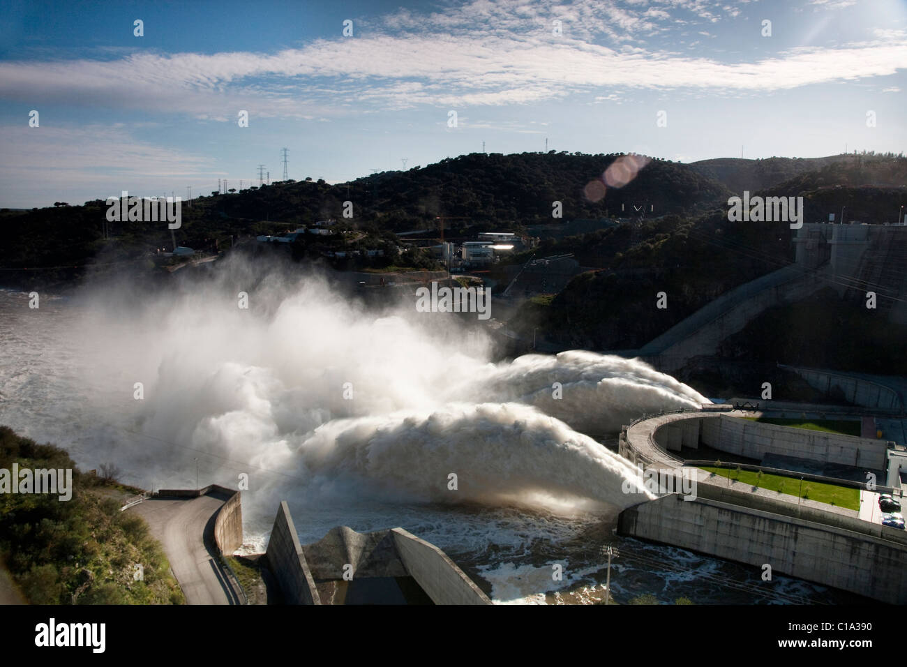 View of two powerful jets of water on the alqueva dam, Portugal Stock ...