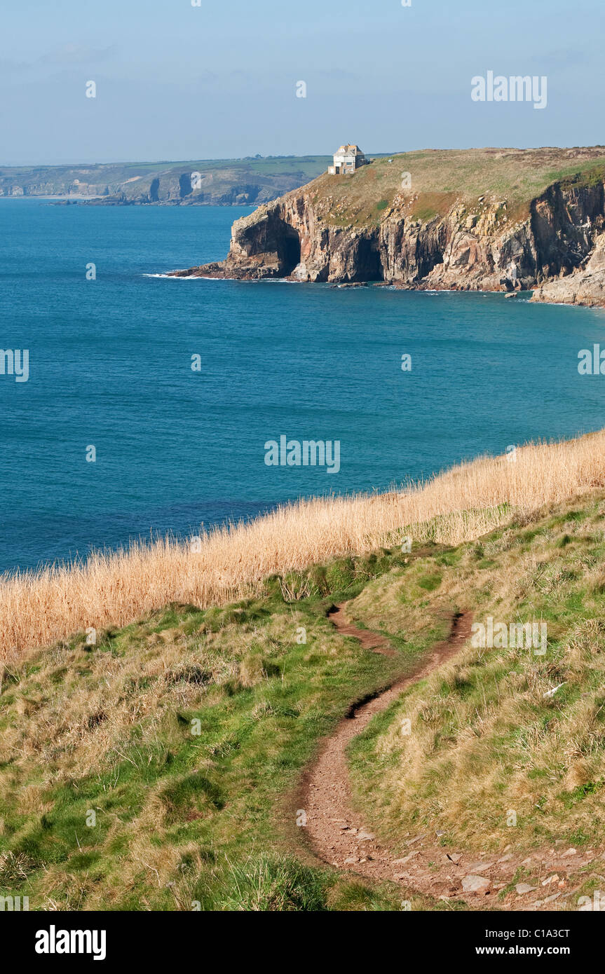 The south west coast path at Rinsey head near Porthleven in Cornwall ...