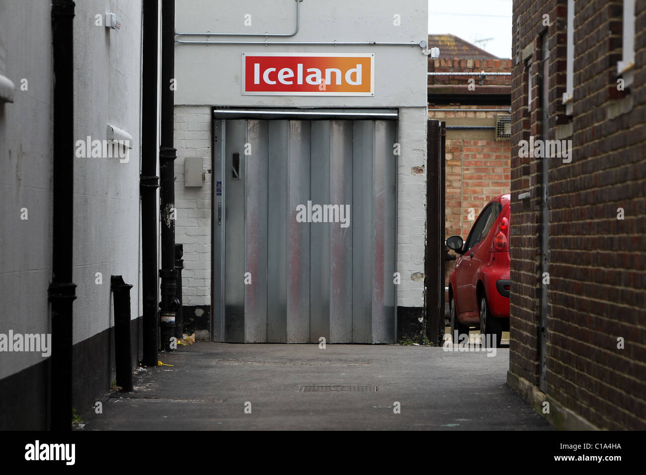 Iceland shop sign over its delivery door at their Littlehampton store ...