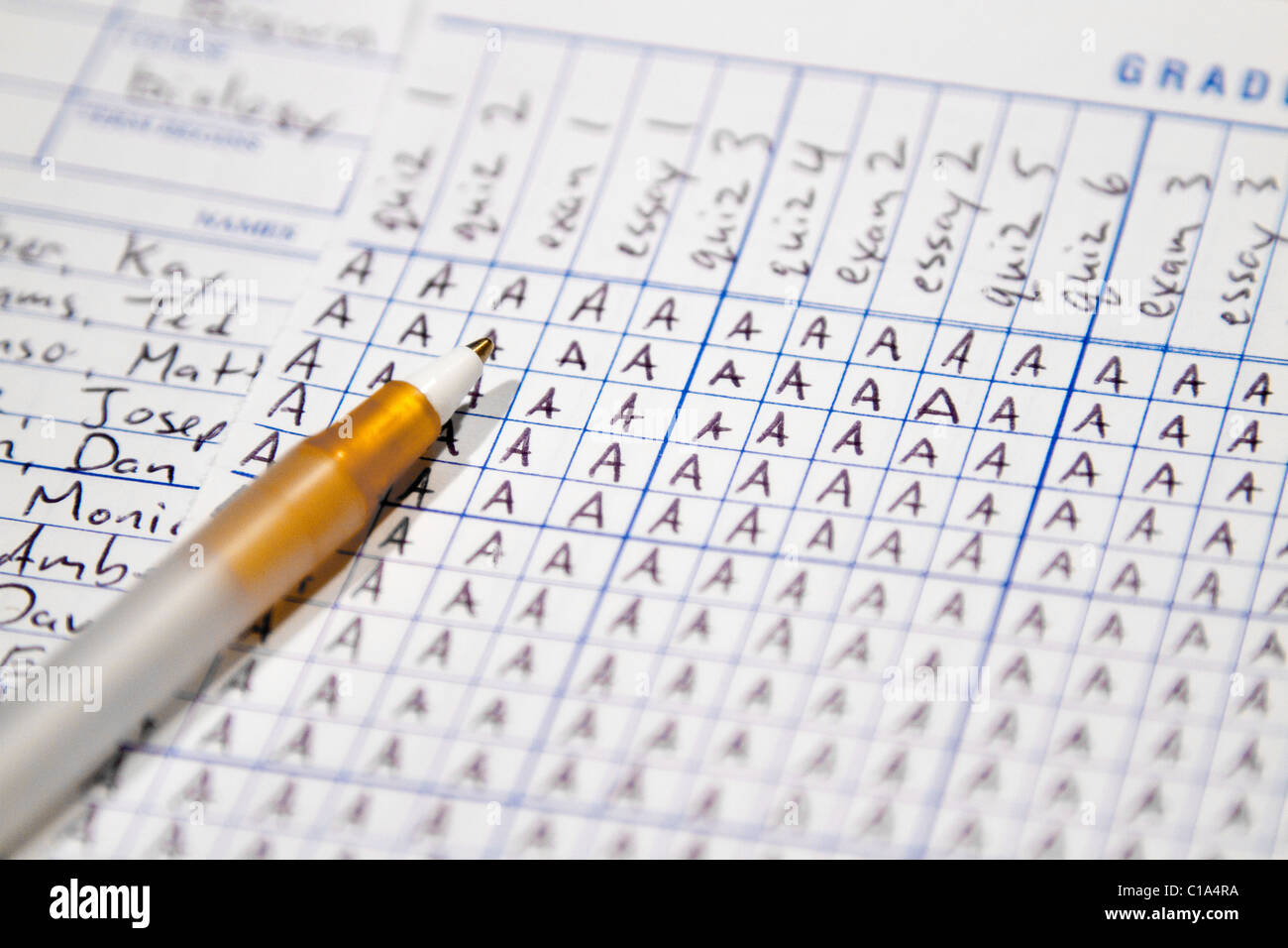 A teacher's grade book with student scores showing all A's Stock Photo ...