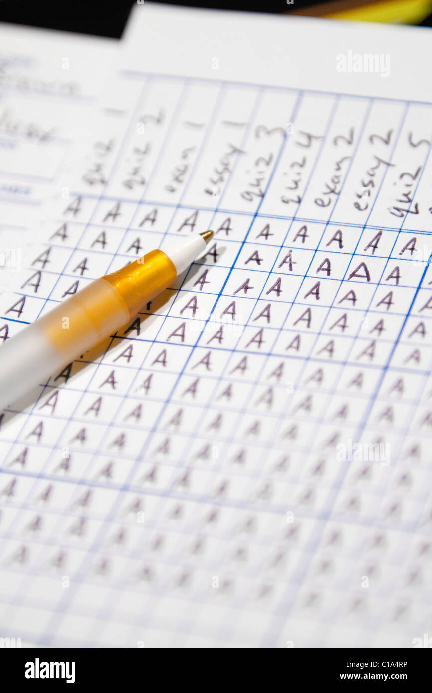 A teacher's grade book with student scores showing all A's Stock Photo ...