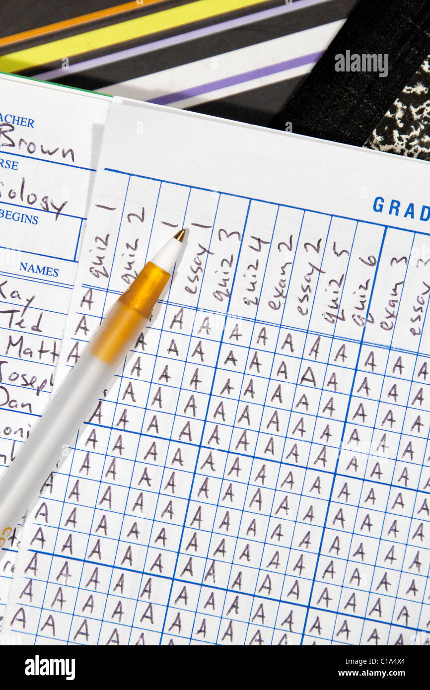 A teacher's grade book with student scores showing all A's Stock Photo ...