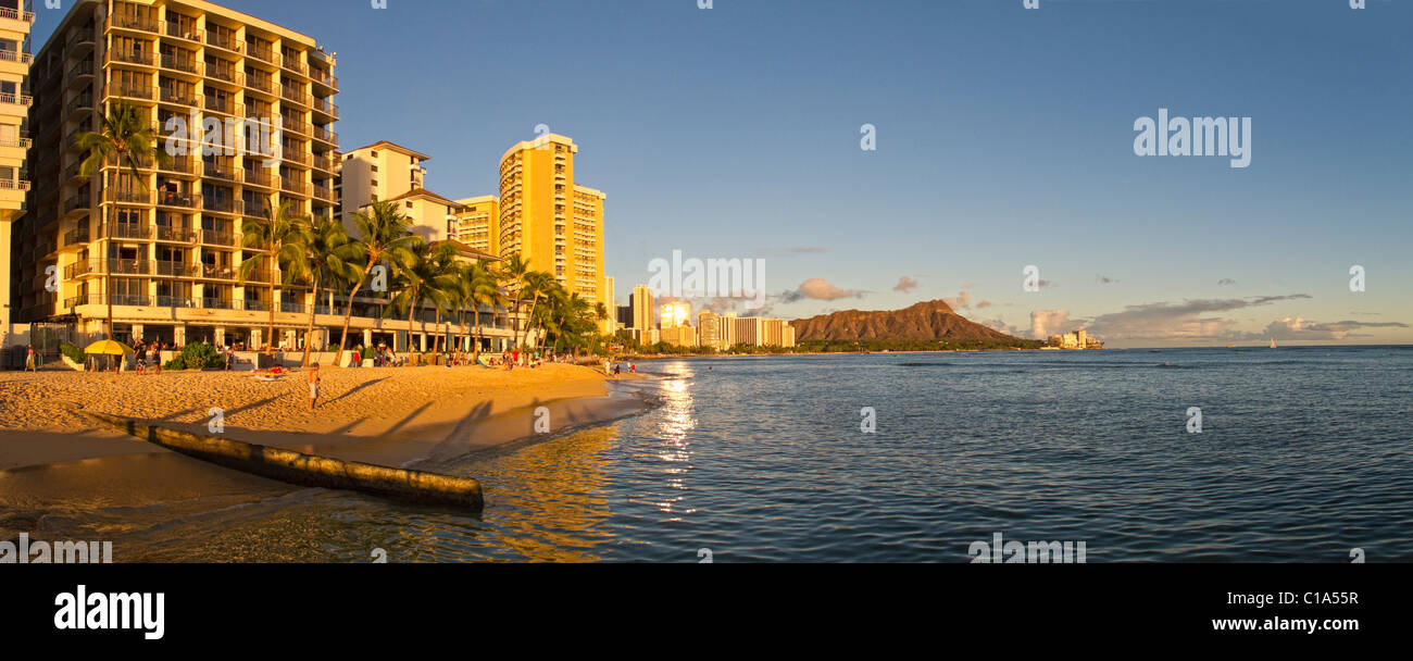 Panorama of Waikiki at sunset looking to Diamond Head Crater Stock ...