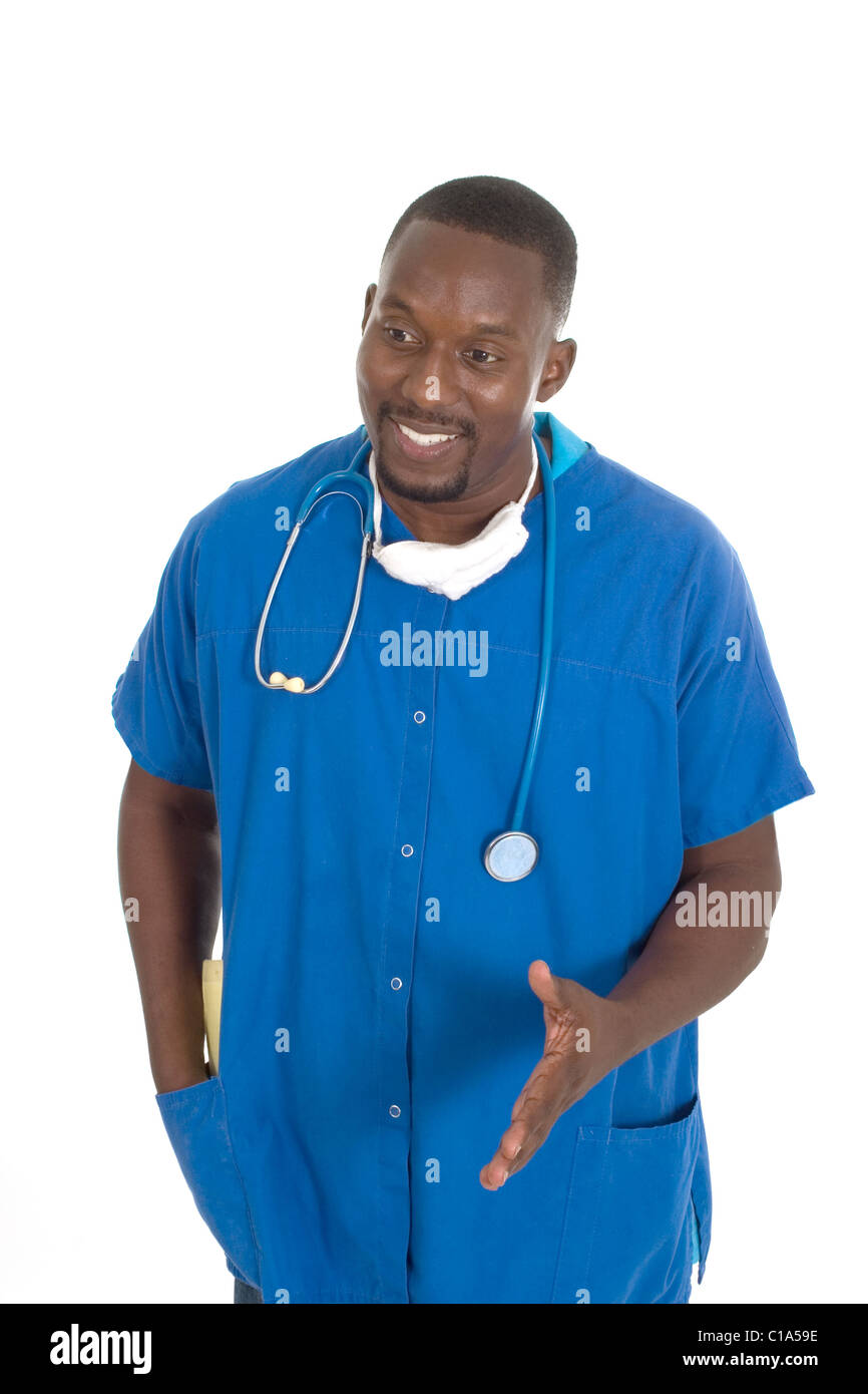 Handsome male doctor or nurse with stethoscope and a reassuring ...