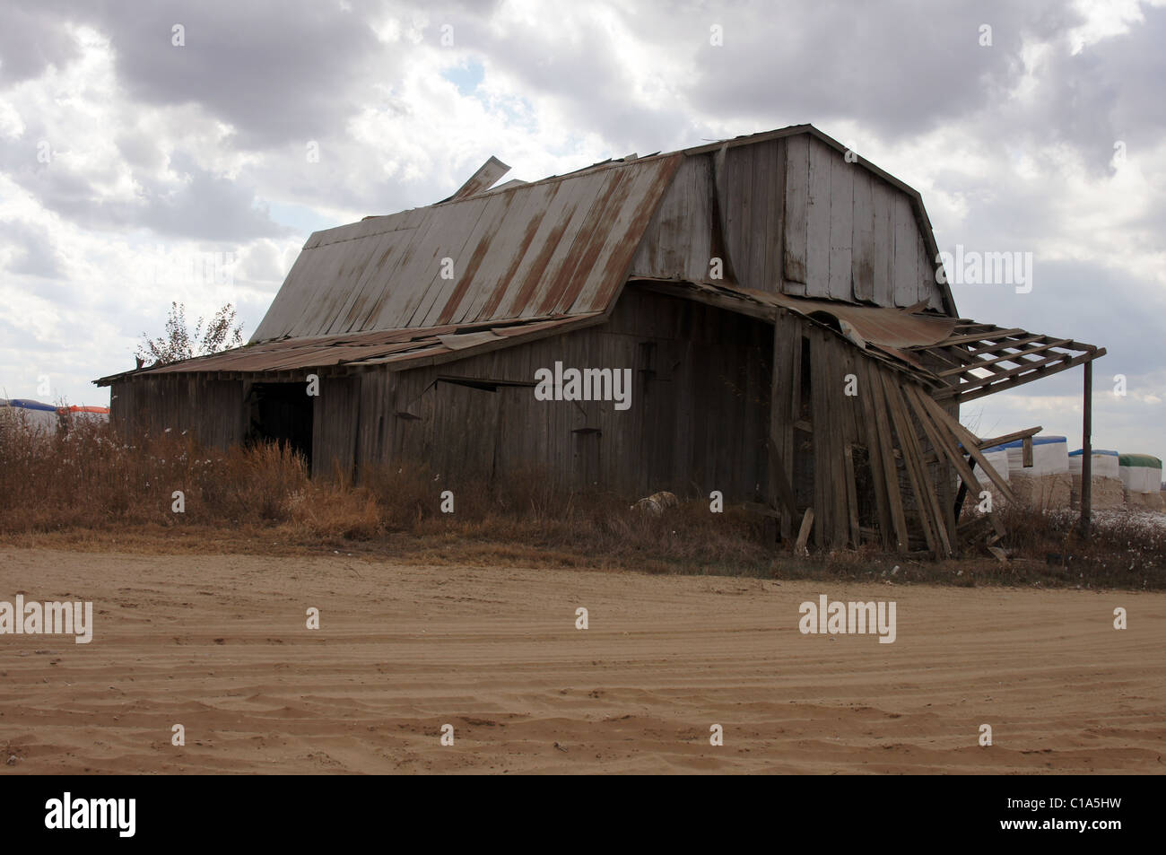 An old barn needing repair with sandy foreground and cotton modules ...