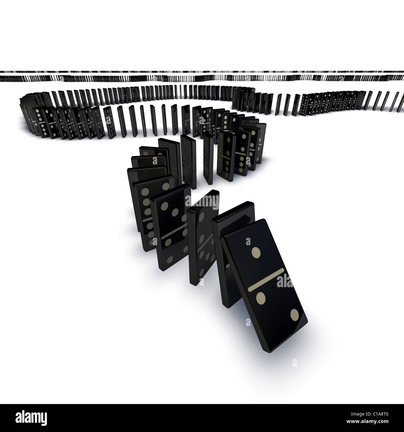 A long line of dominoes going into the distance starting to fall over ...