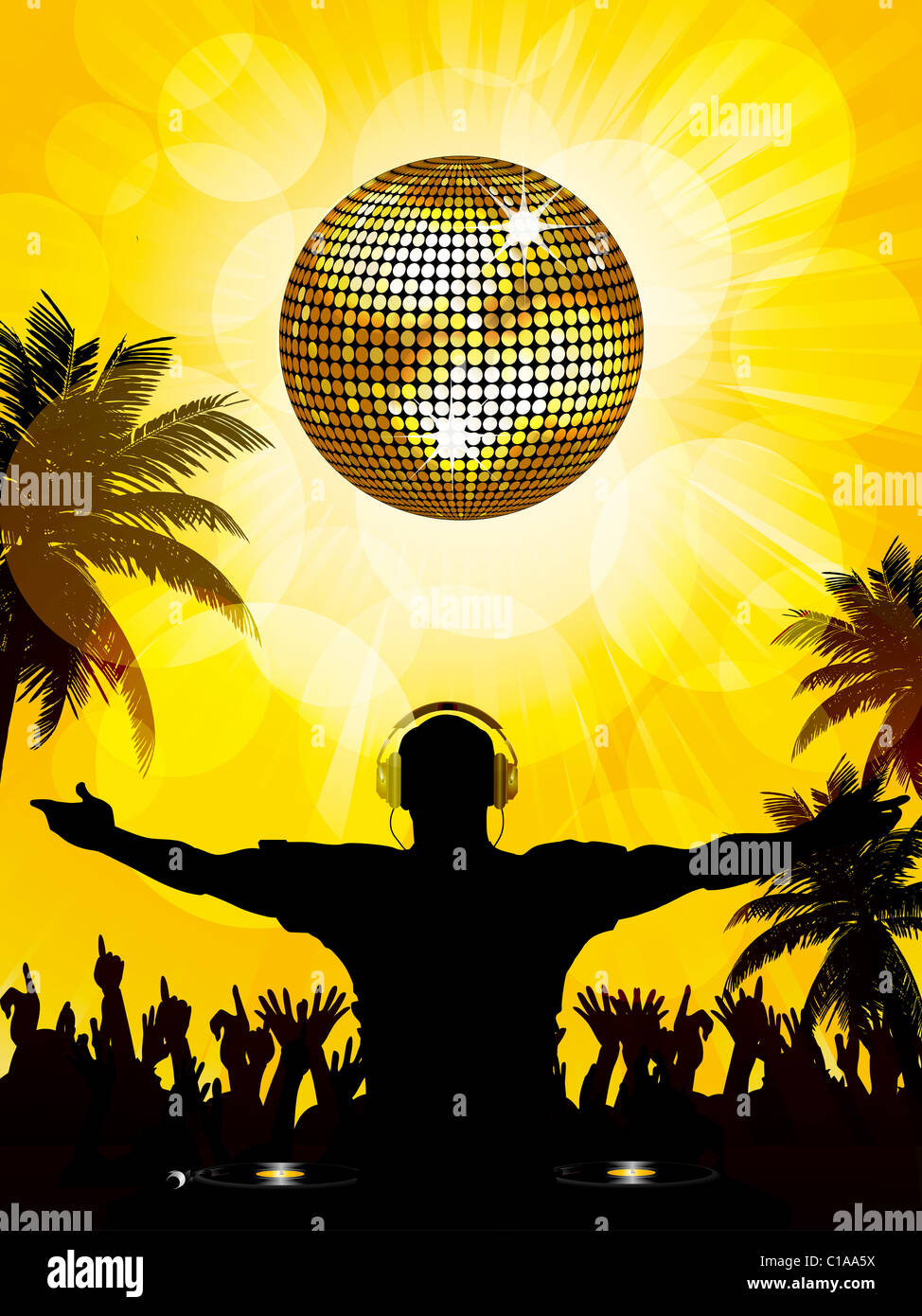 DJ and crowd partying at tropical location with sparkling gold disco ...