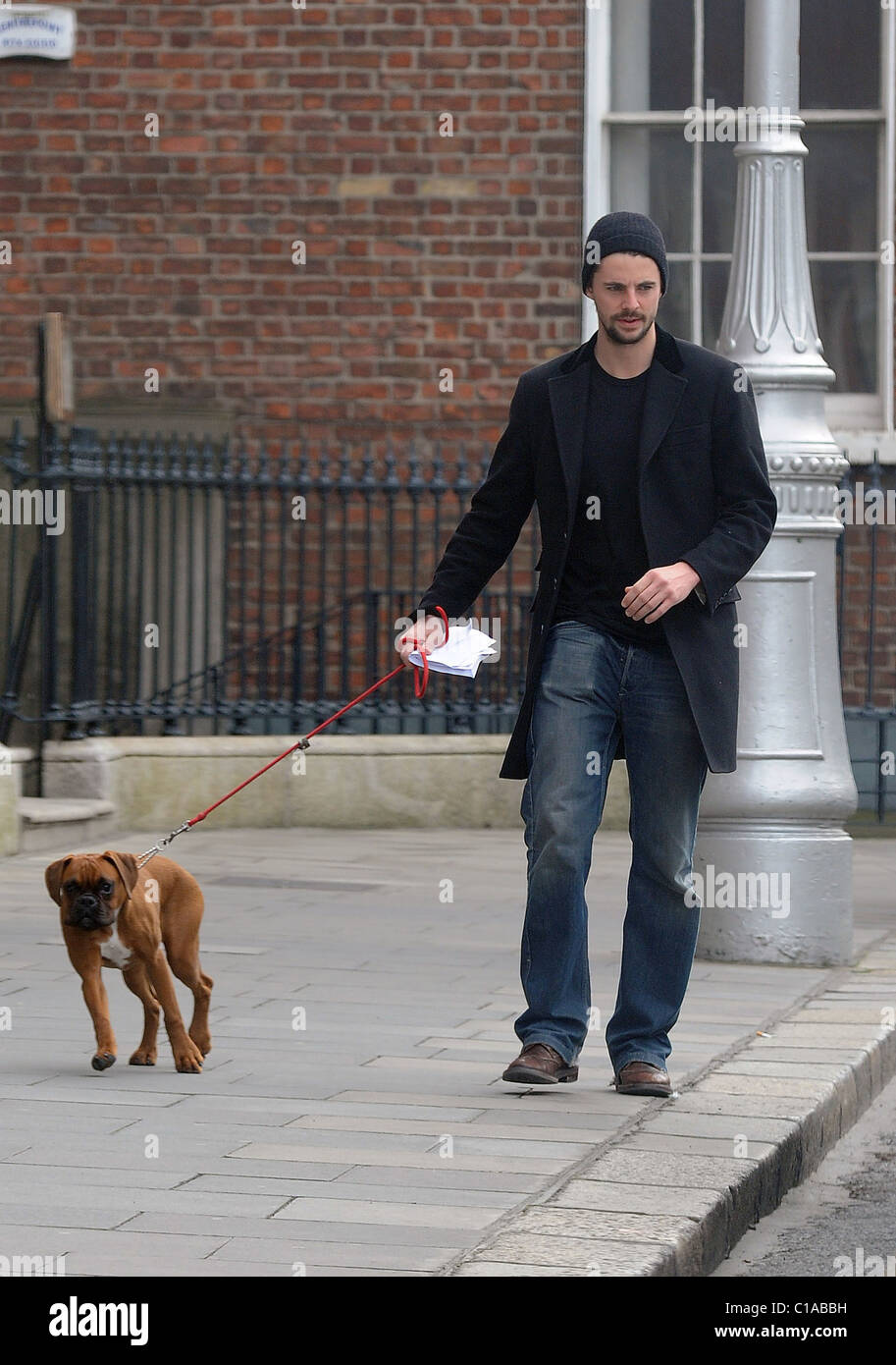 Watchmen star Matthew Goode hailing a taxi with his Boxer puppy Dublin ...