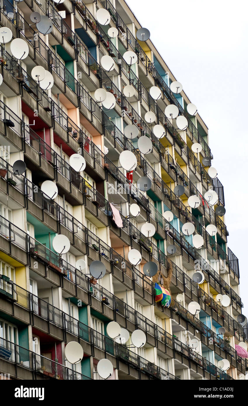 Satellite dishes at a residential building in Berlin. Germany - 29.11. ...