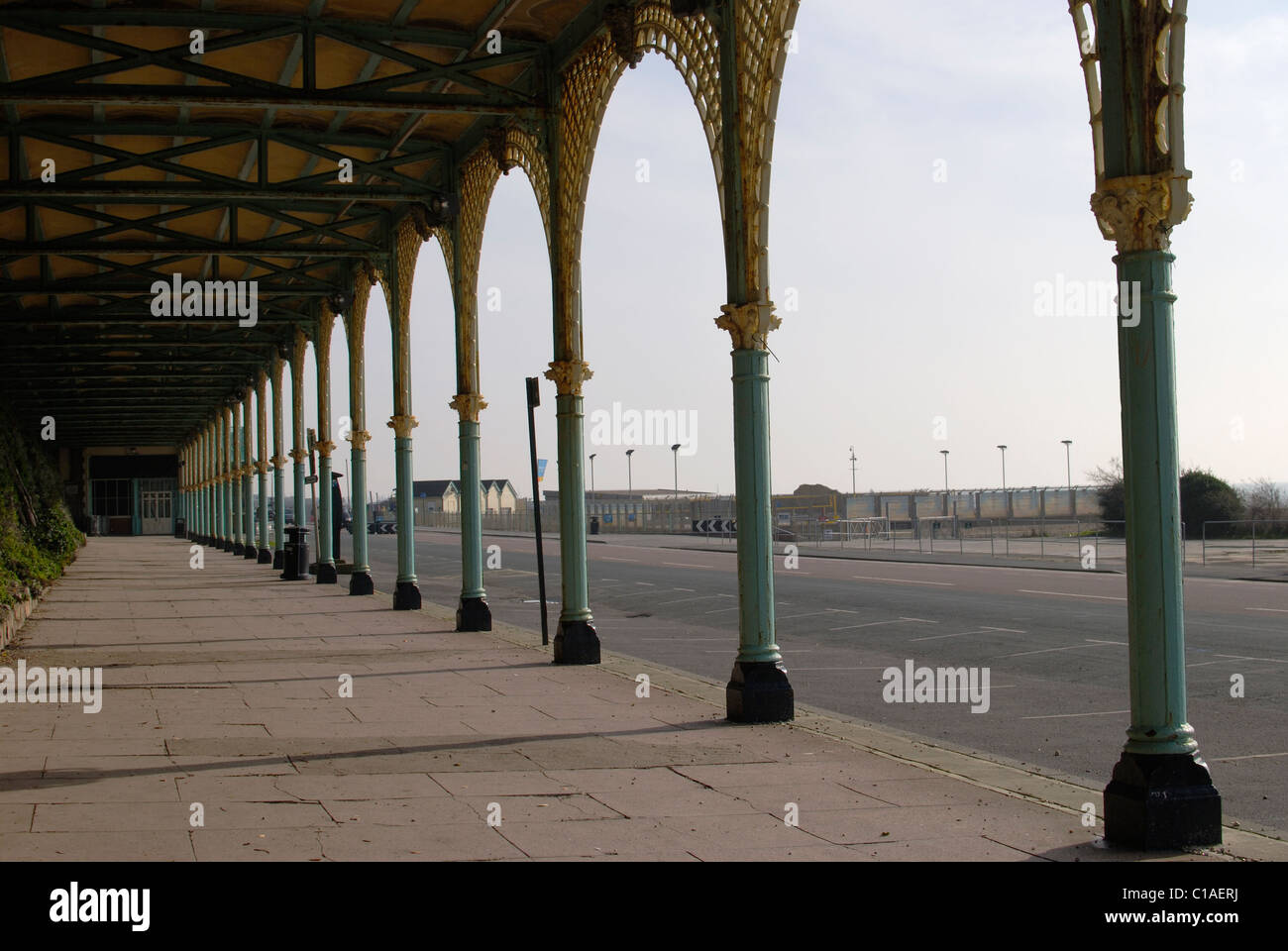 Covered promenade with colonnade on Brighton Seafront. East Sussex ...