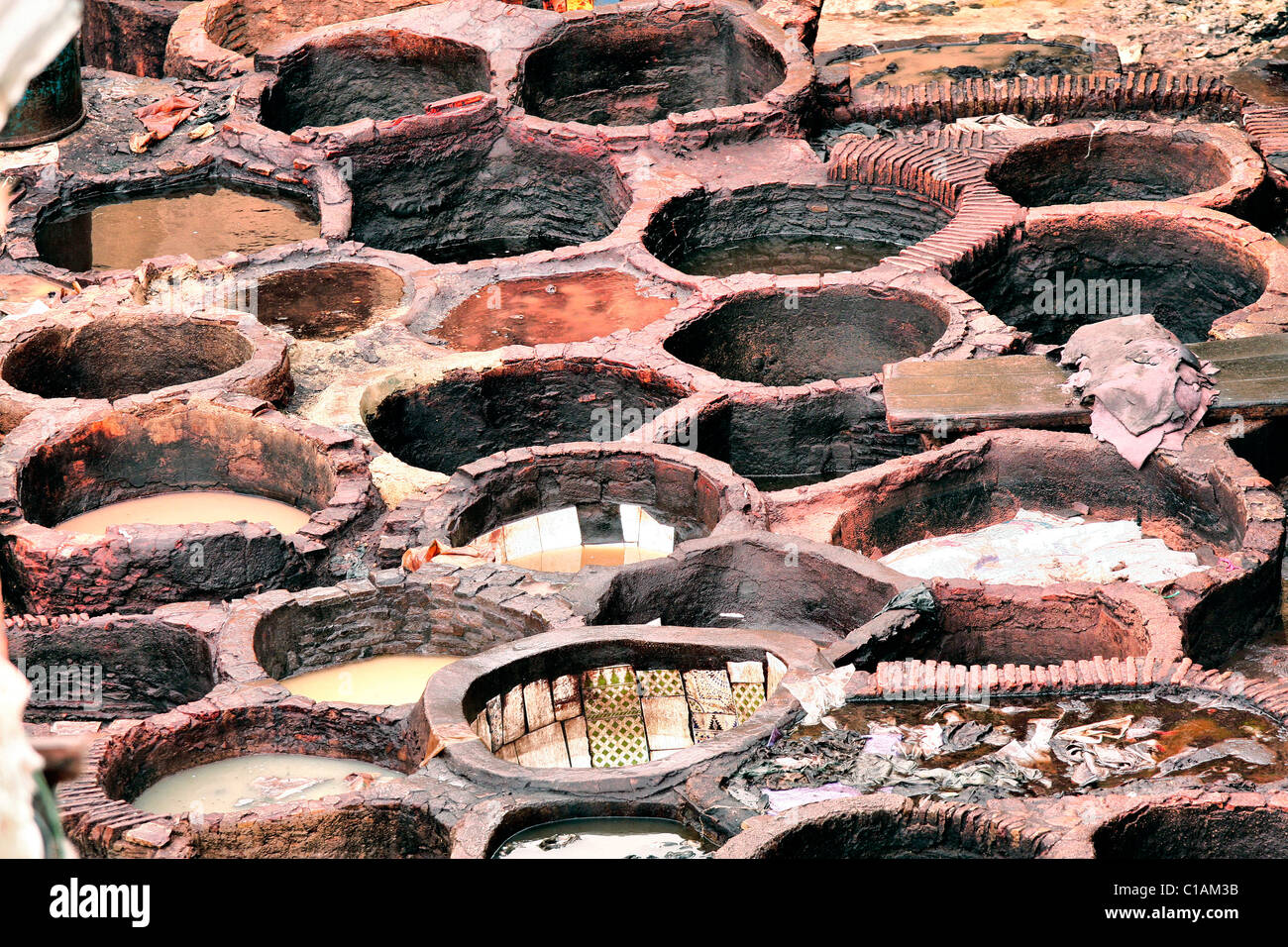 Leather tanning, Fez, UNESCO World Heritage Site, Morocco, North Africa ...