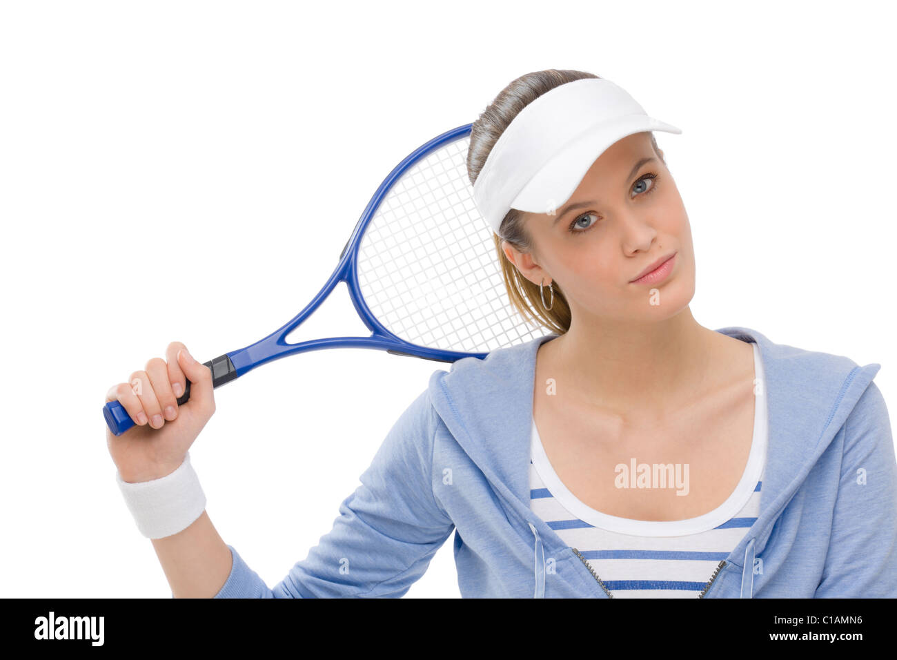Tennis player - young woman holding racket in fitness outfit Stock ...