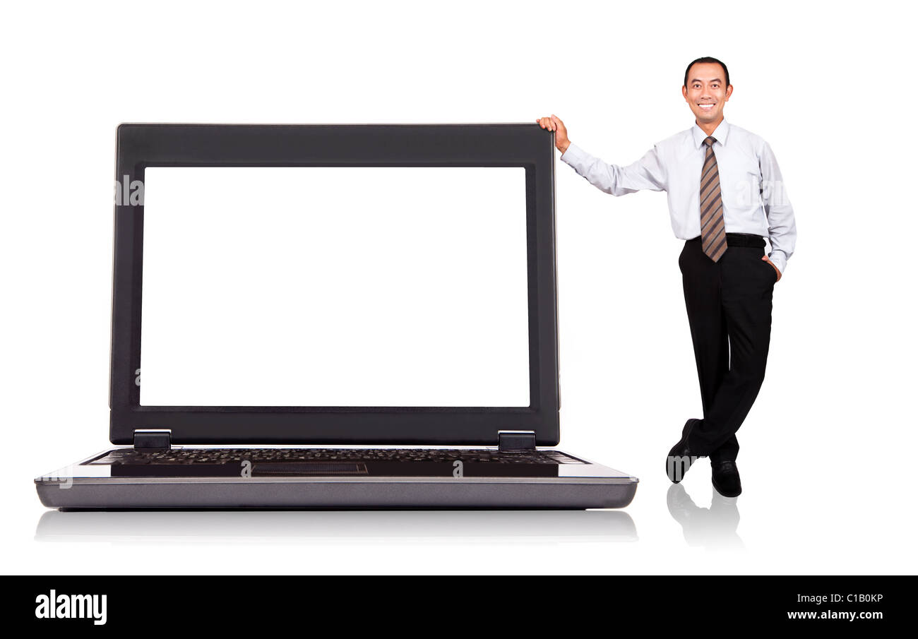 asian businessman standing by computer isolated on white background ...