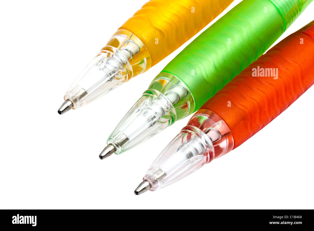 Colorful ballpoint pens closeup on white background Stock Photo - Alamy
