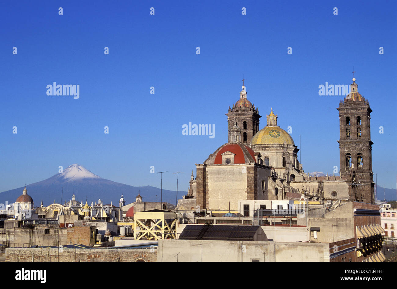 Mexico, Puebla state, Puebla city, the cathedral with the Popocatepetl ...