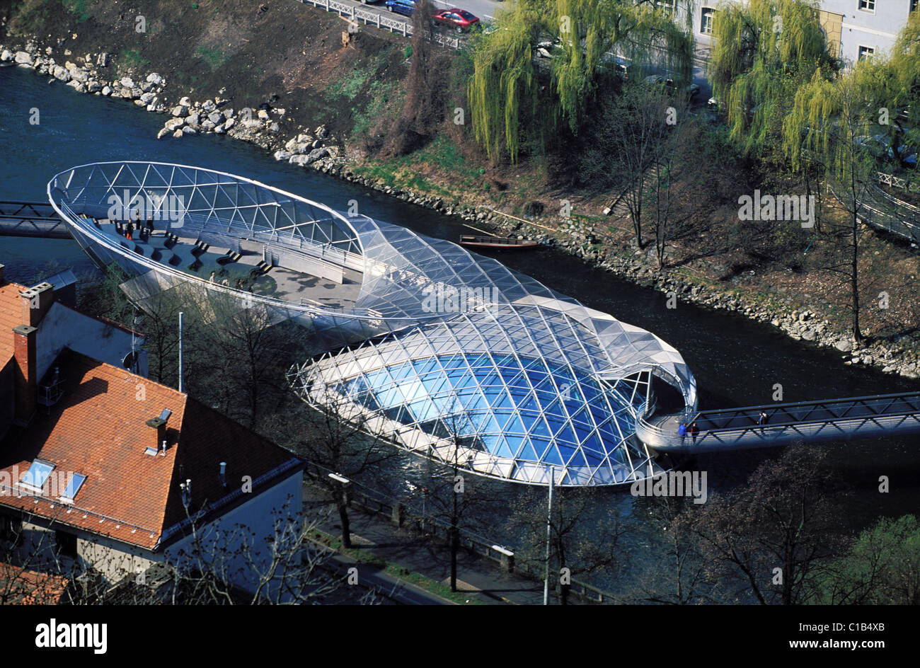 Austria, Styria, Graz, floating Island on the river Mur, Cafe and ...