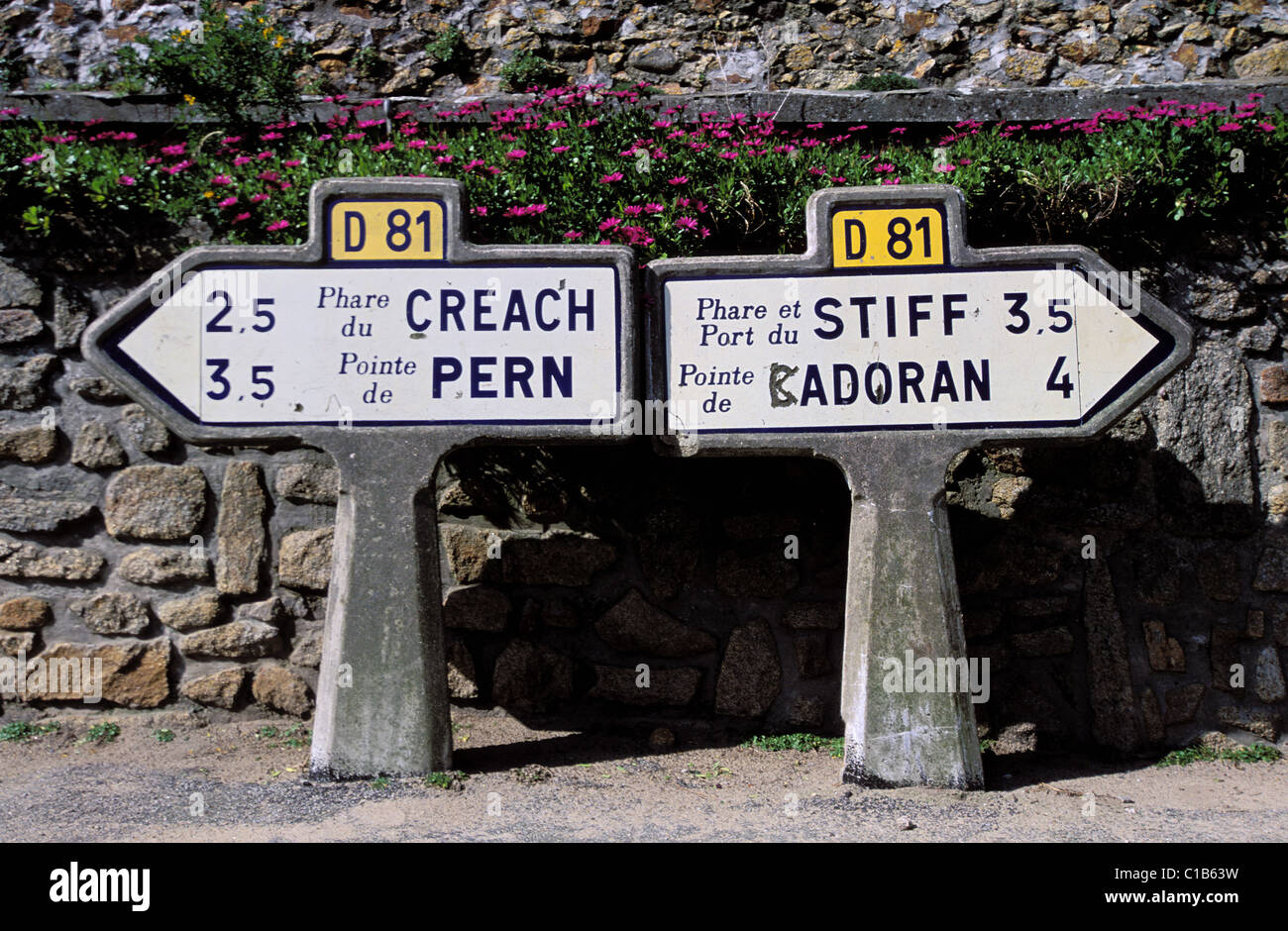 France, Finistere, Ouessant Island, Lampaul' s road sings Stock Photo ...