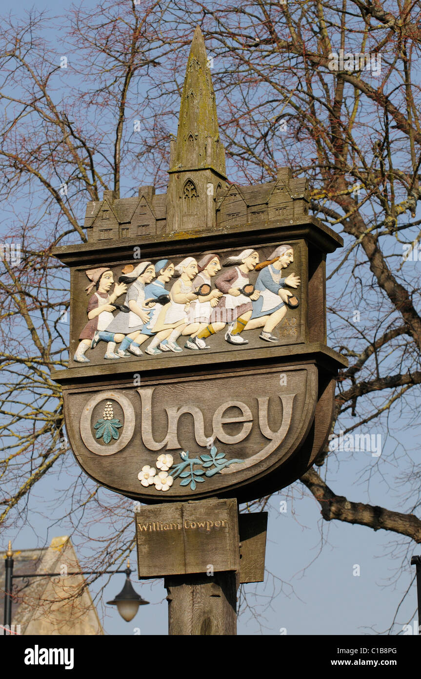 Carved wooden town sign at Olney Buckinghamshire England UK famous for ...
