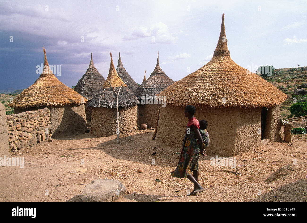 Cameroon, village of Podoko, constituted of cattle manure huts with ...