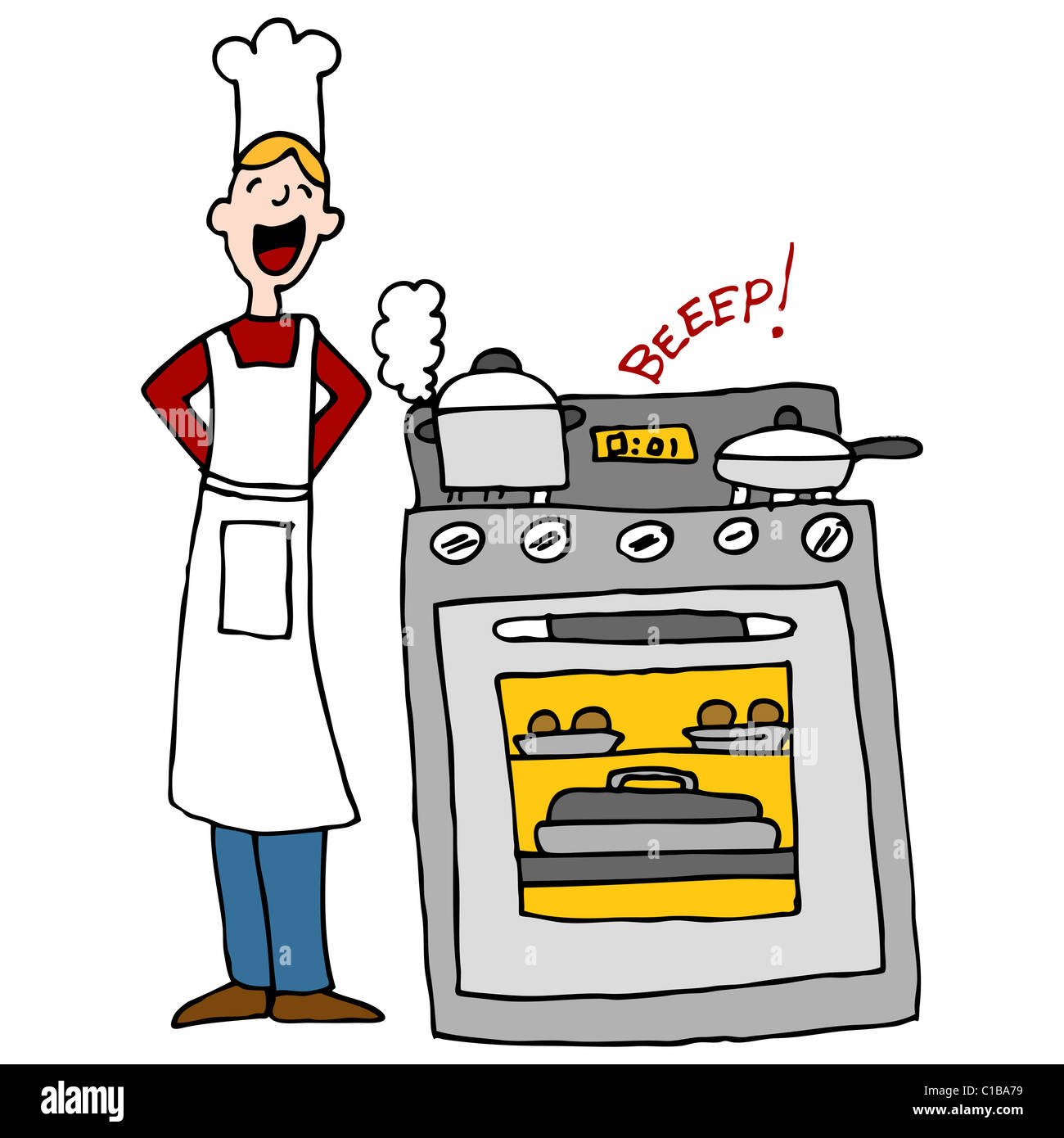 An image of a chef next to an over cooking food with timer beeping ...