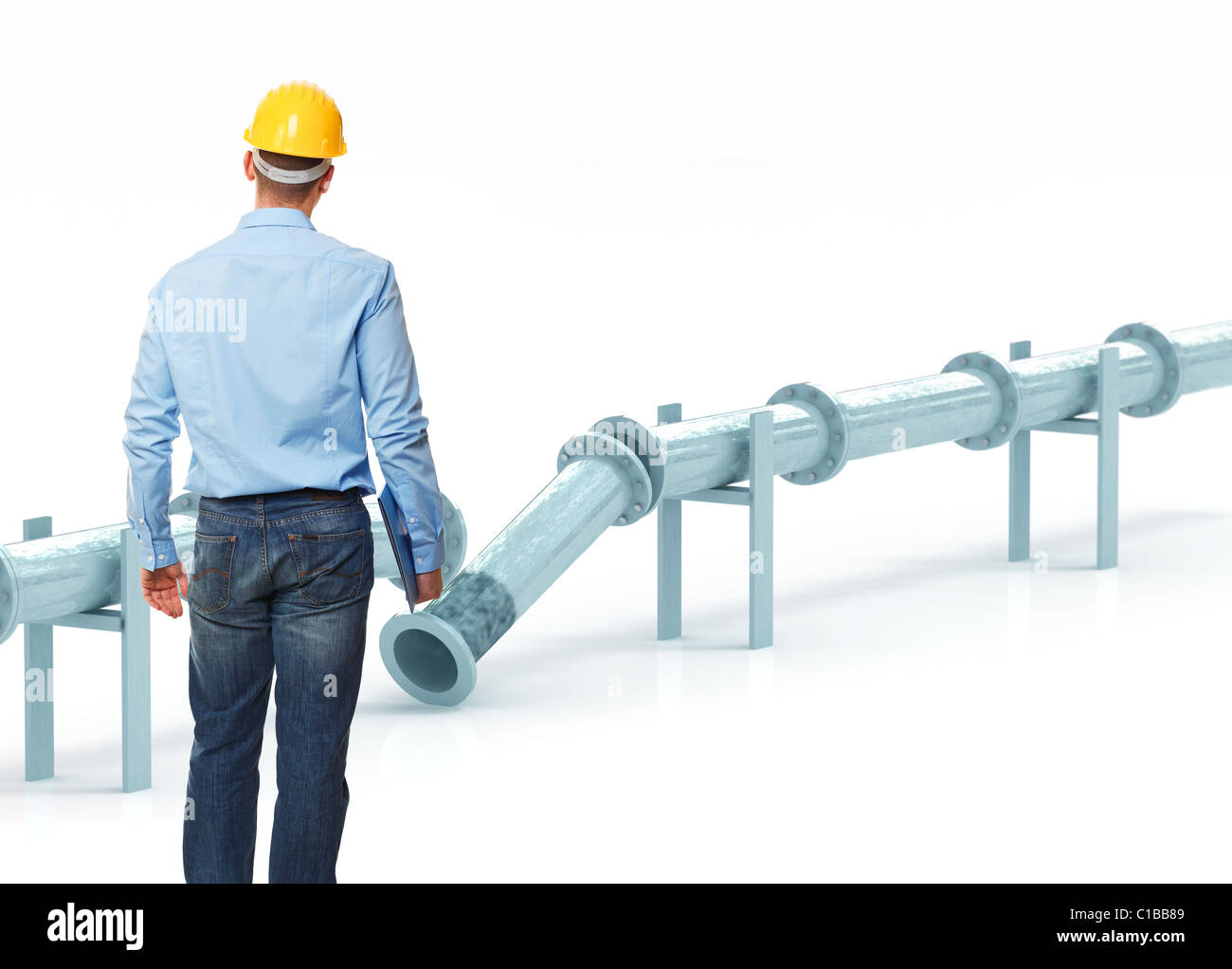 standing caucasian engineer and broken pipeline 3d Stock Photo - Alamy