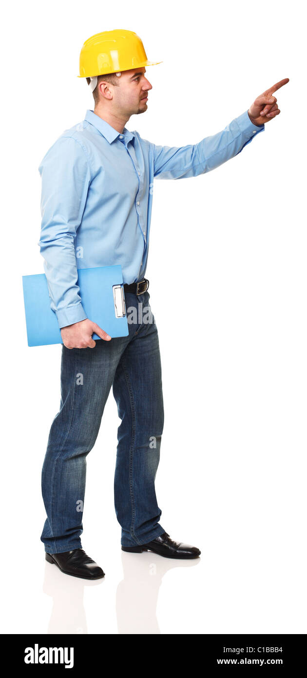 standing young engineer pointing isolated on white Stock Photo - Alamy