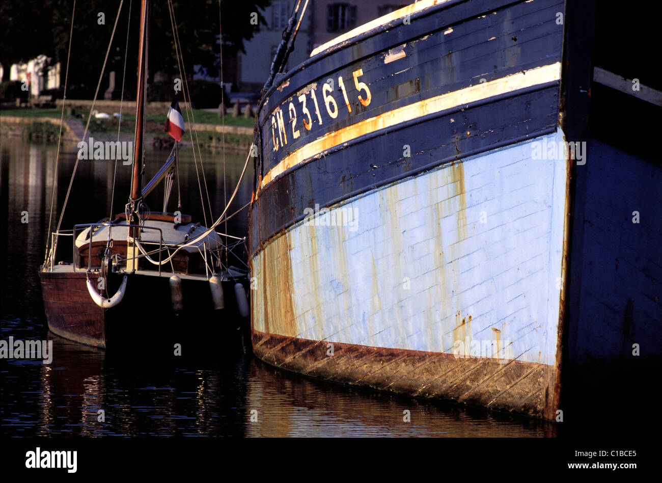 France, Finistere, small and big sailboat side by side on the Alder ...