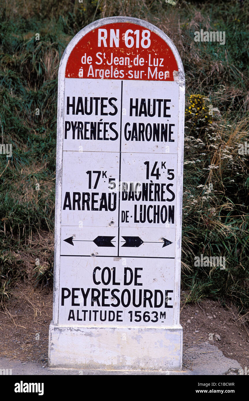 France, Hautes Pyrenees, milestone at the col of Peyresourde (the tour ...