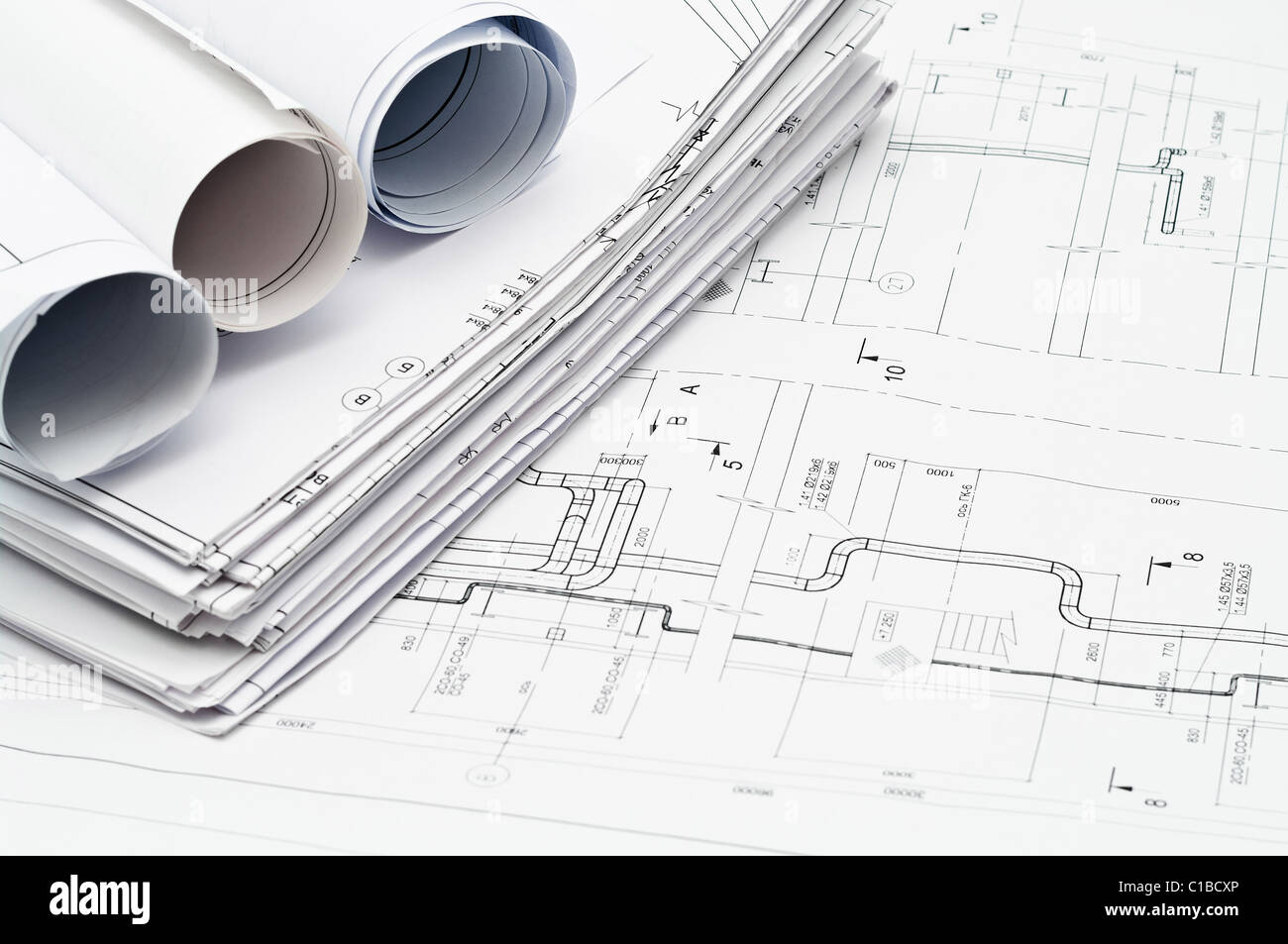 Project black and white blueprints and measurement tools on it. Russian ...