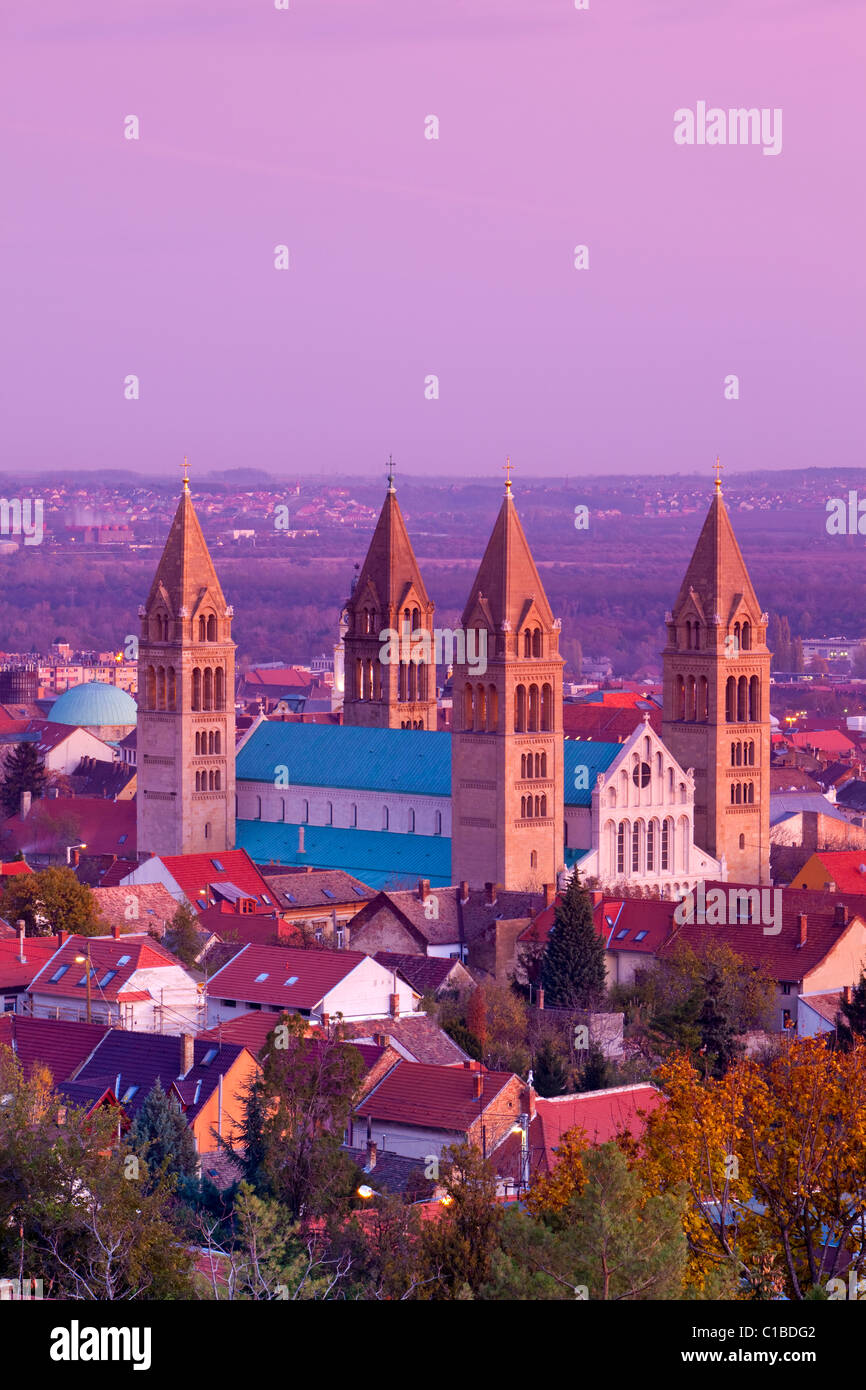 Elevated view over the picturesque Pecs Cathedral illuminated on an ...