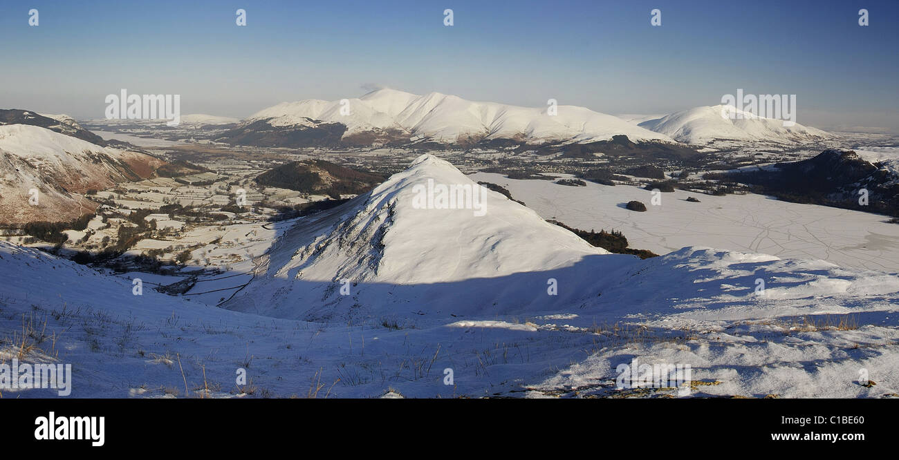 Snow covered Cat Bells, Skiddaw and Blencathra in winter in the English ...