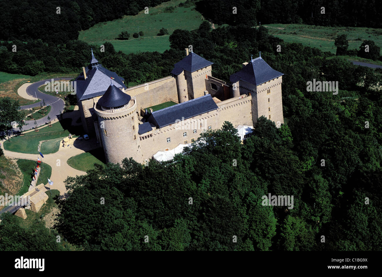France, Moselle (aerial view) of the medieval castle of Malbrouck at ...