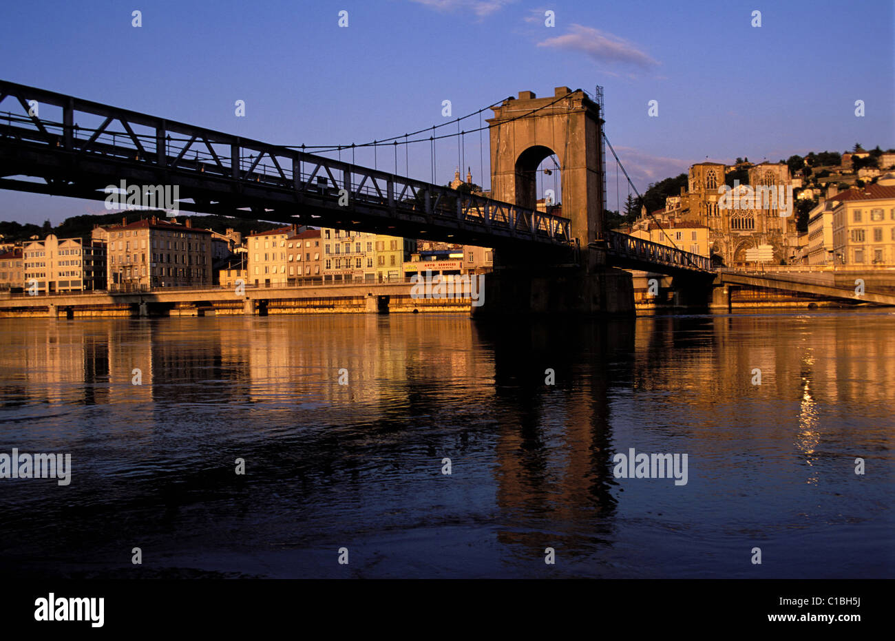 France, Isere, Vienne, old suspension bridge over the Rhone river Stock ...
