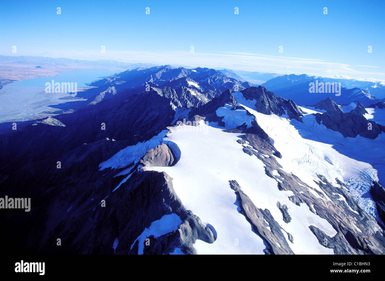 New Zealand, South Island, Mount Cook National Park glaciers (aerial ...