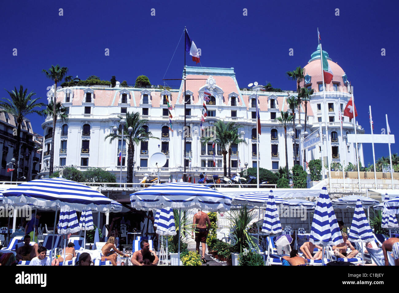 France, Alpes Maritimes, Nice, beach in front of the Carlton hotel ...
