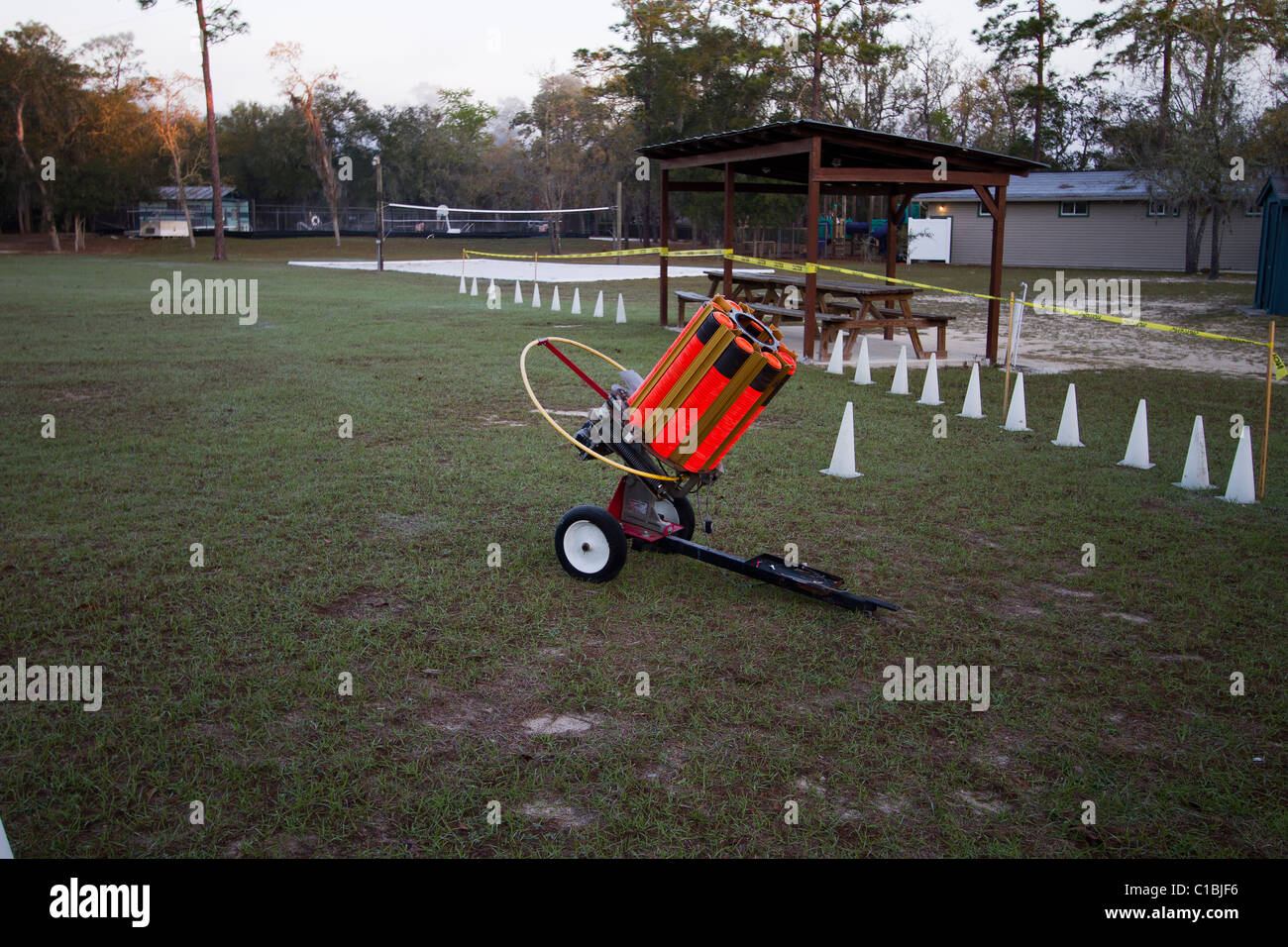 A loaded trap thrower awaits shooters Stock Photo - Alamy