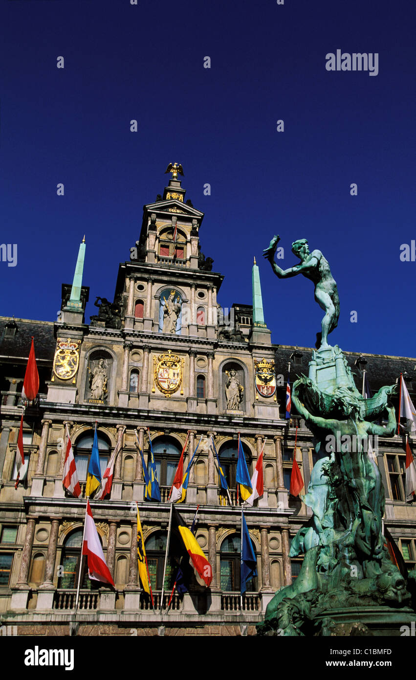 Belgium, Flanders, Antwerp, Town Hall and Brabo Fountain Stock Photo ...