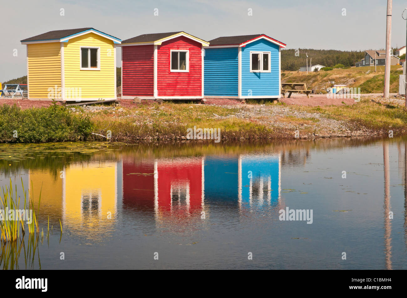 Colorful beach huts reflected in a pond, Cavendish, Trinity Bay, Avalon ...