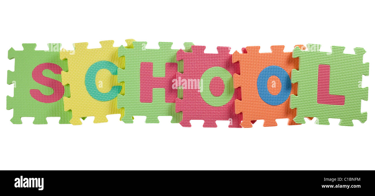 Alphabet blocks forming the word SCHOOL isolated on white background ...